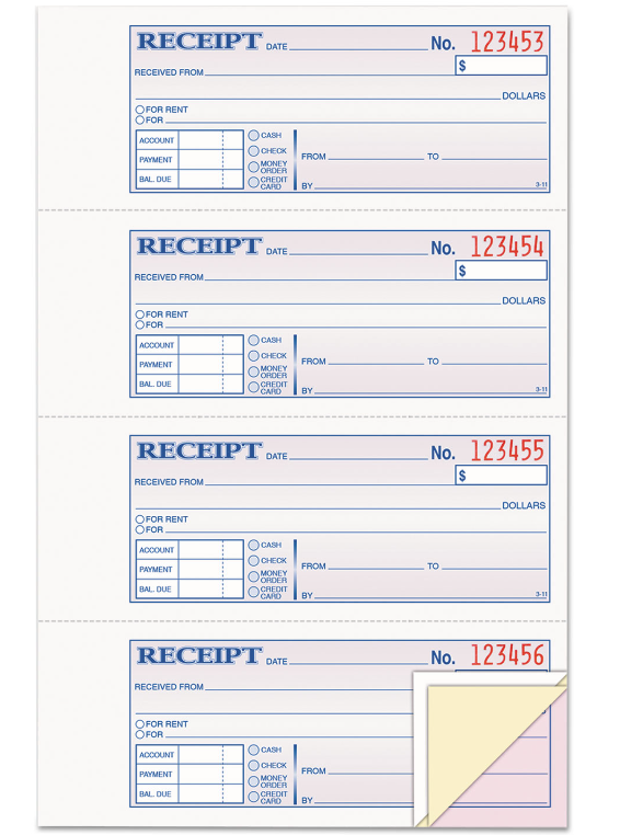 Receipt Book, Three-Part Carbonless, 7.19 x 2.75, 4 Forms/Sheet, 100 F ...